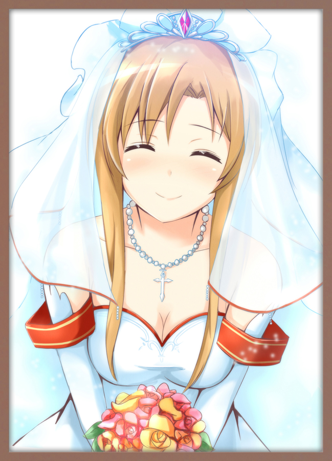 Safebooru - asuna (sao) bare shoulders bouquet breasts bridal veil brown hair cleavage closed ...