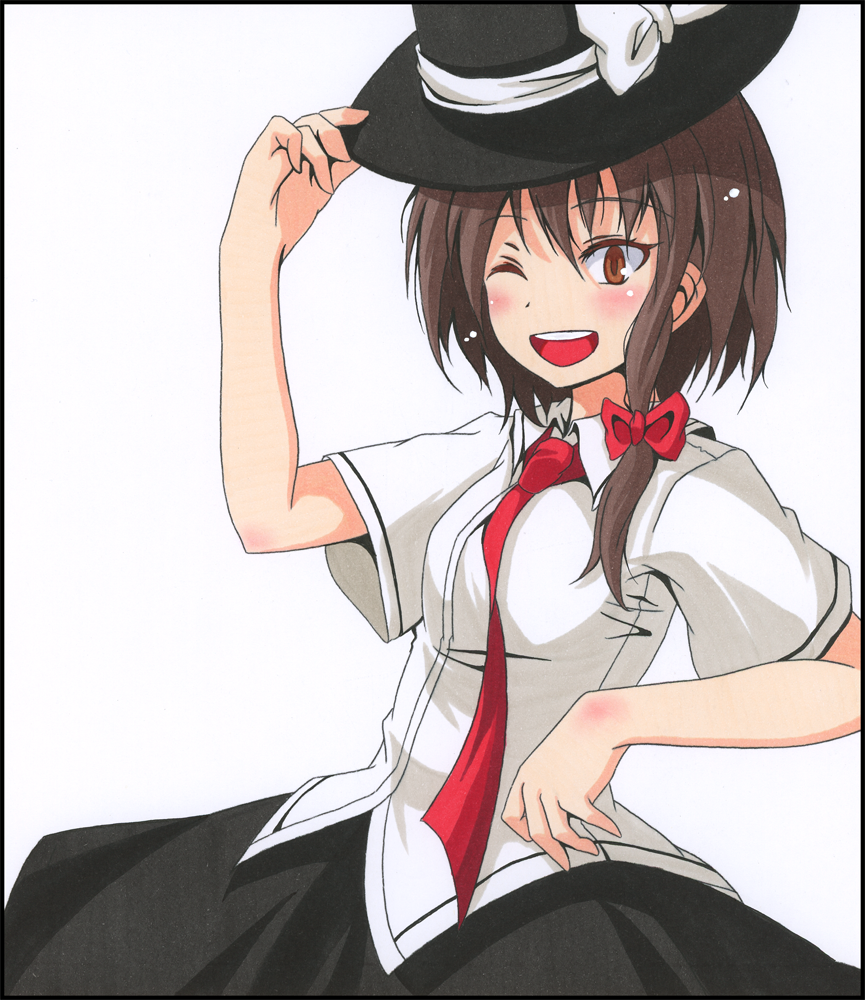 Safebooru - ballpoint pen (medium) border bow brown eyes brown hair hair bow hat hat tip marker ...