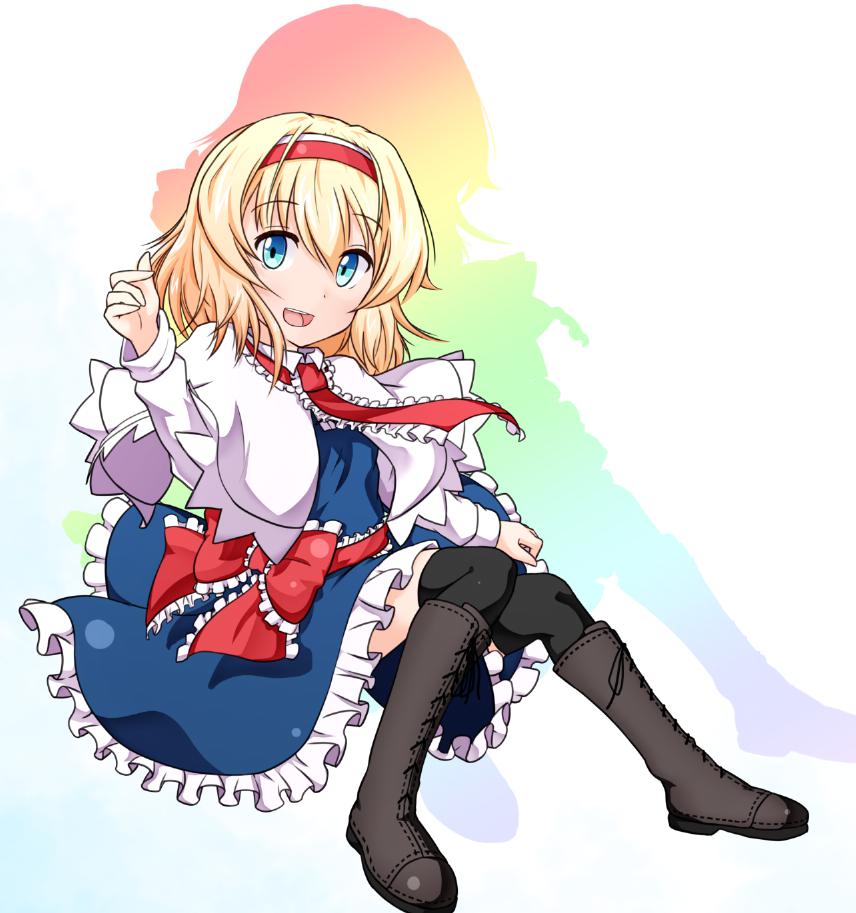 Safebooru - 1girl alice margatroid black legwear blonde hair blue dress blue eyes boots capelet ...