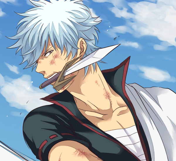 Safebooru - bruise gintama injury knife mouth hold red eyes sakata ...