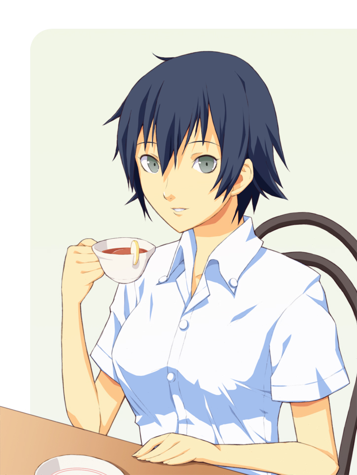Safebooru - blue hair chair cup dress shirt grey eyes mizugame persona ...