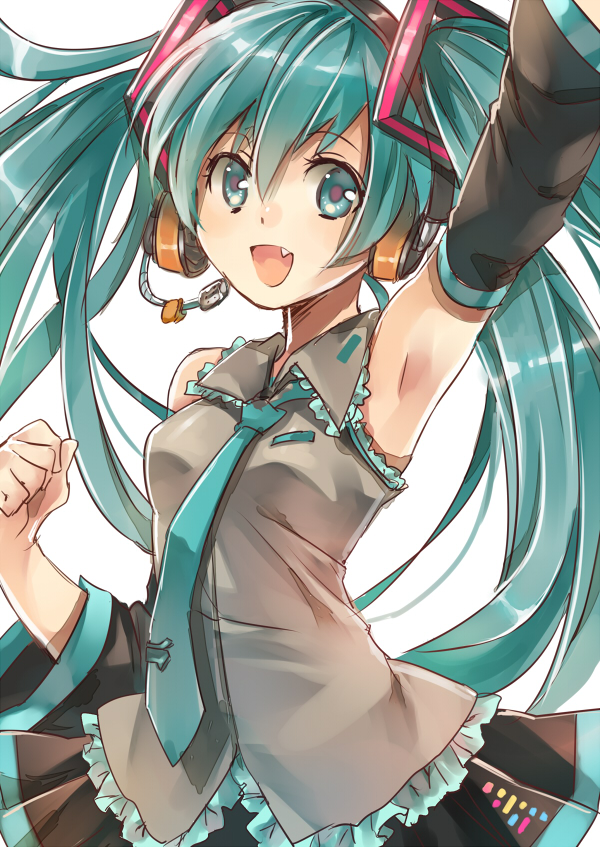 Safebooru - :d aqua eyes aqua hair arm up armpits black legwear detached sleeves fang hair ...