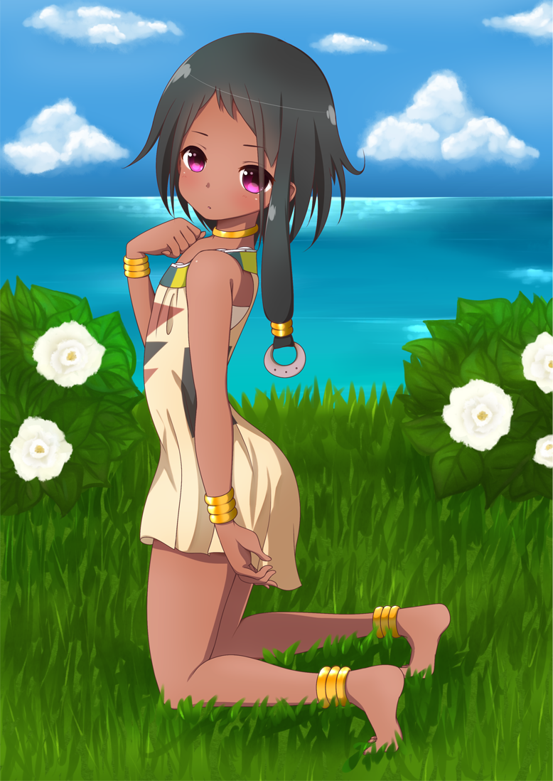 Safebooru - 1girl anklet bare legs bare shoulders barefoot blue sky bracelet choi mochimazzui ...