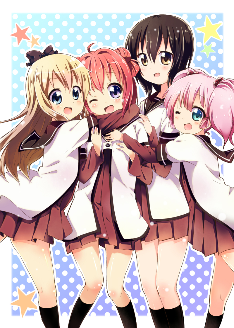 Safebooru - :d ahoge akaza akari black hair black legwear blonde hair blue eyes bow brown eyes ...