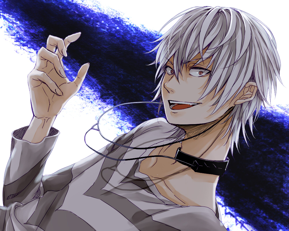 Safebooru - accelerator choker orange eyes shirt short hair striped ...