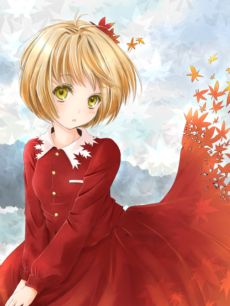 Safebooru Aki Shizuha Blonde Hair Blush Dress Gauntlets Hair Ornament 4149