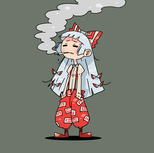 Safebooru - = = chibi cigarette fujiwara no mokou full body grey ...