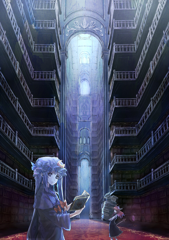 Safebooru - book book stack bookshelf capelet carrying coat crescent ...