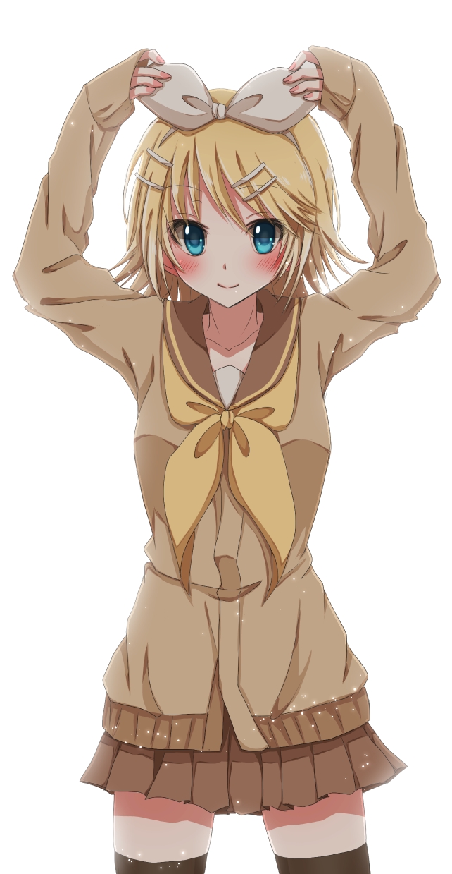 Safebooru - amrs up aqua eyes arms up blonde hair blush cardigan hair ornament hair ribbon ...