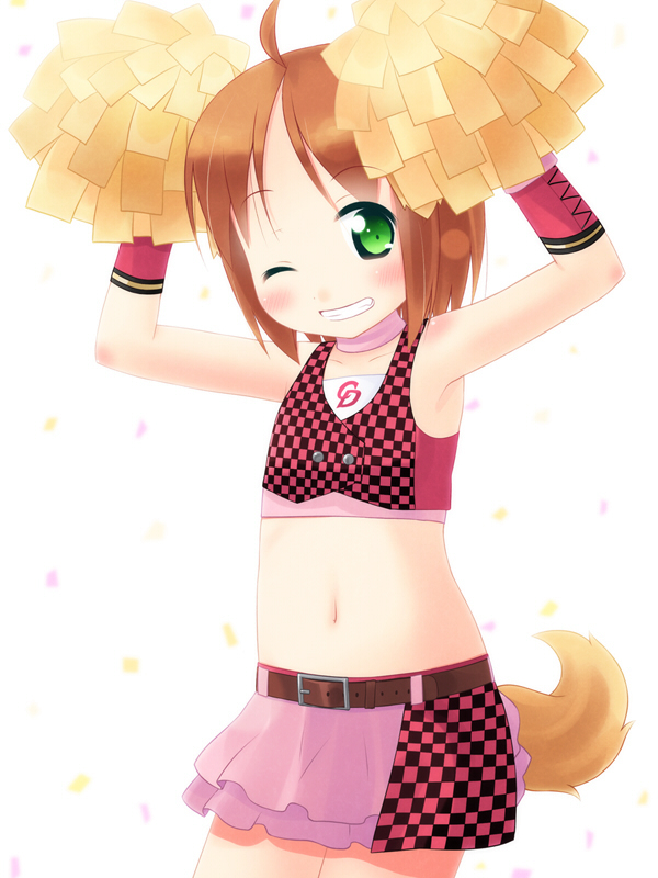 Safebooru - 1girl animal ears armpits arms up belt blush brown hair cheerleader chunichi dragons ...