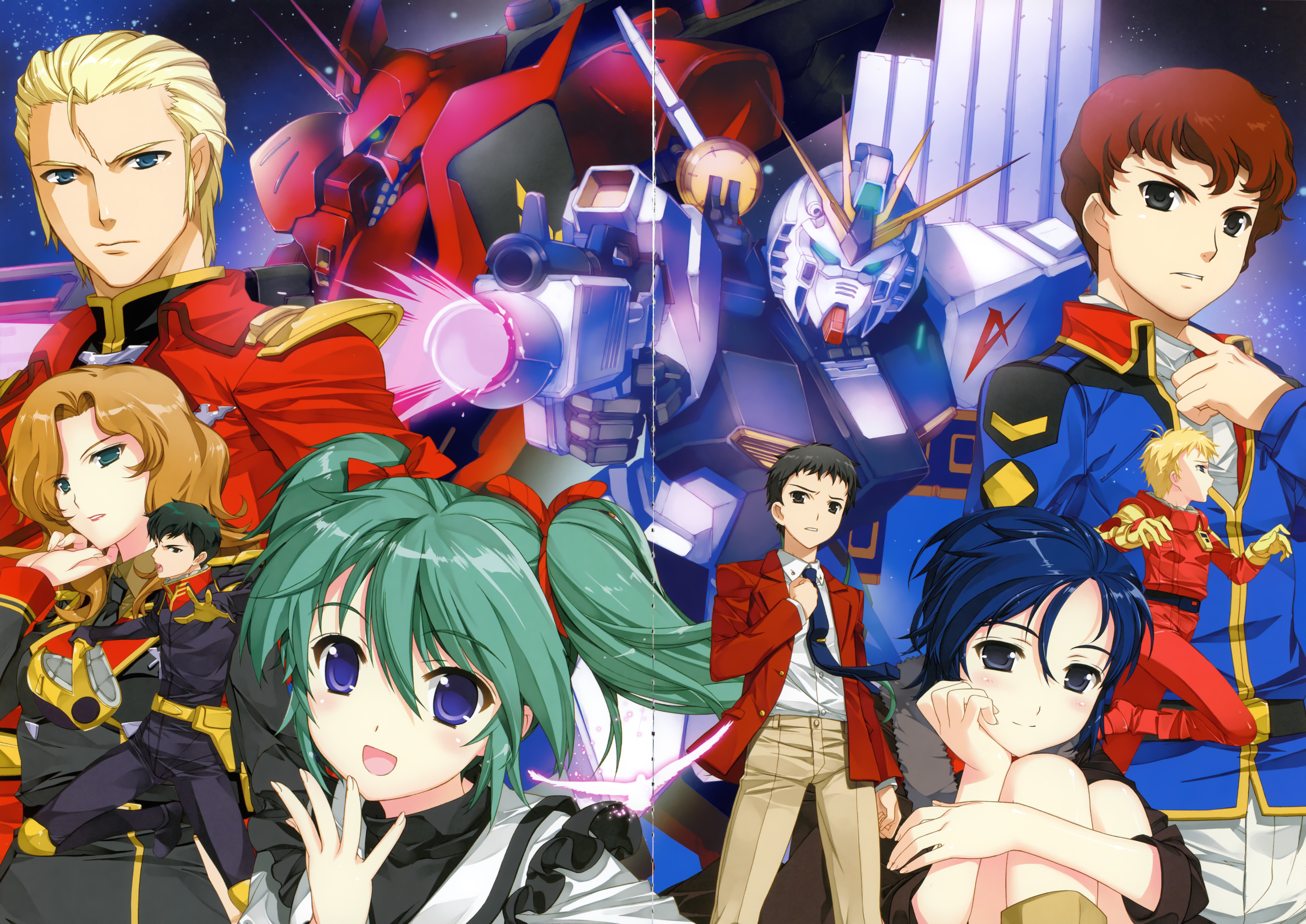 Safebooru - 4girls absurdres amuro ray beam rifle blonde hair blue eyes blue hair brown eyes ...