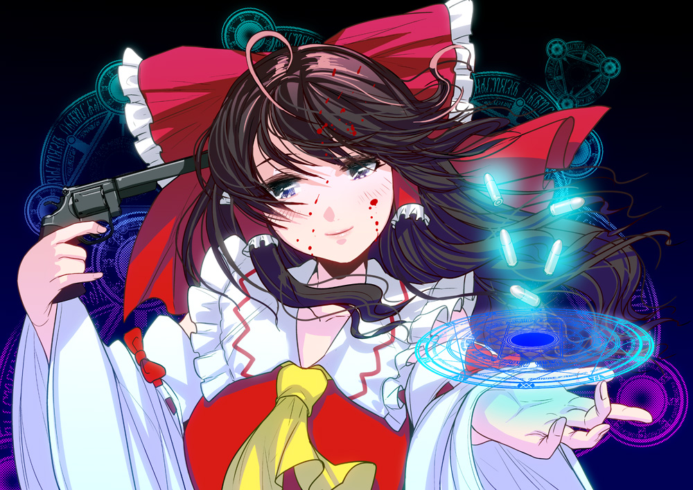 Safebooru - ascot black hair blood bow bullet bust gun gun to head hair ...