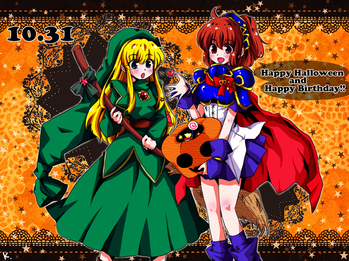 Safebooru - 2girls :o arle nadja armor armored dress blonde hair blue eyes boots bow broom brown ...