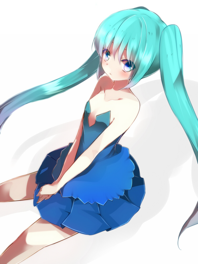 Safebooru - aqua hair bare shoulders blue eyes blush collarbone colored eyelashes dress flat ...