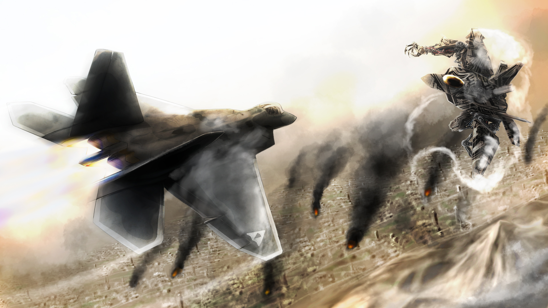 Safebooru - ace combat 04 aerial battle afterburner airplane battle city condensation trail ...