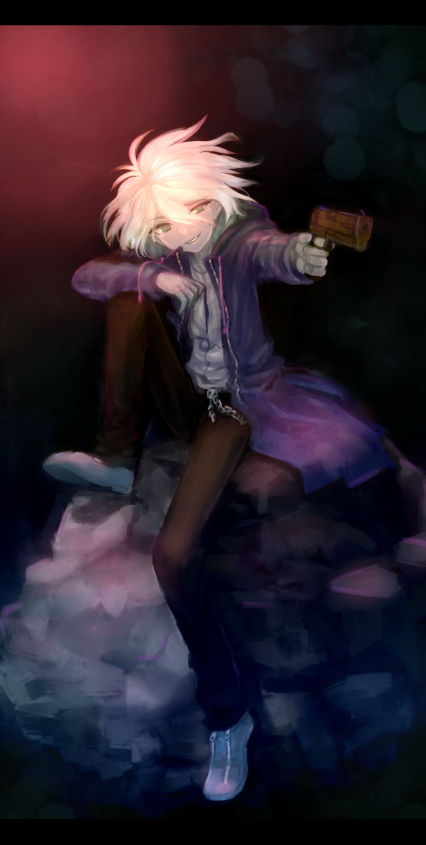 Safebooru - grey eyes gun highres hoodie jacket komaeda nagito long ...