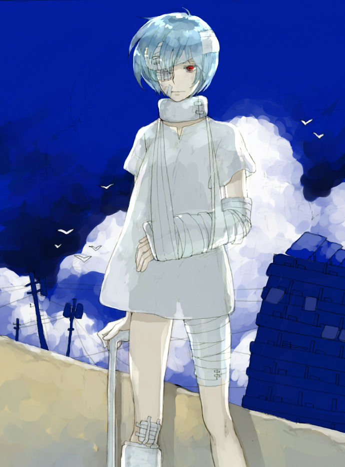 Safebooru - arm sling ayanami rei bandage bandage over one eye bandages blue hair cloud clouds ...