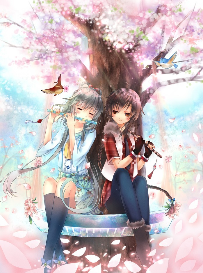 Safebooru - bird braid cherry blossoms flute instrument jiji (381134808 ...