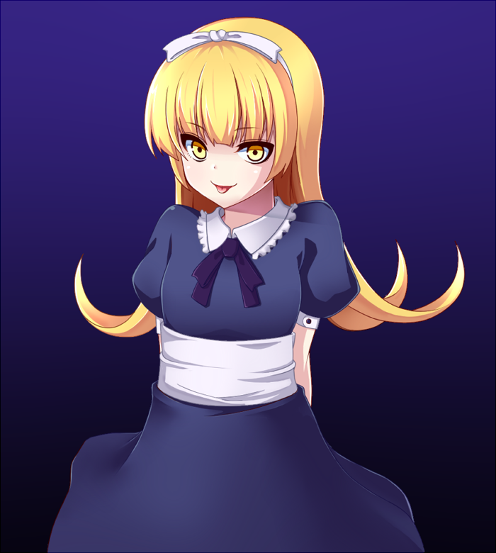 Safebooru - :p alice (megami tensei) bangs blonde hair blue background blue dress blunt bangs ...