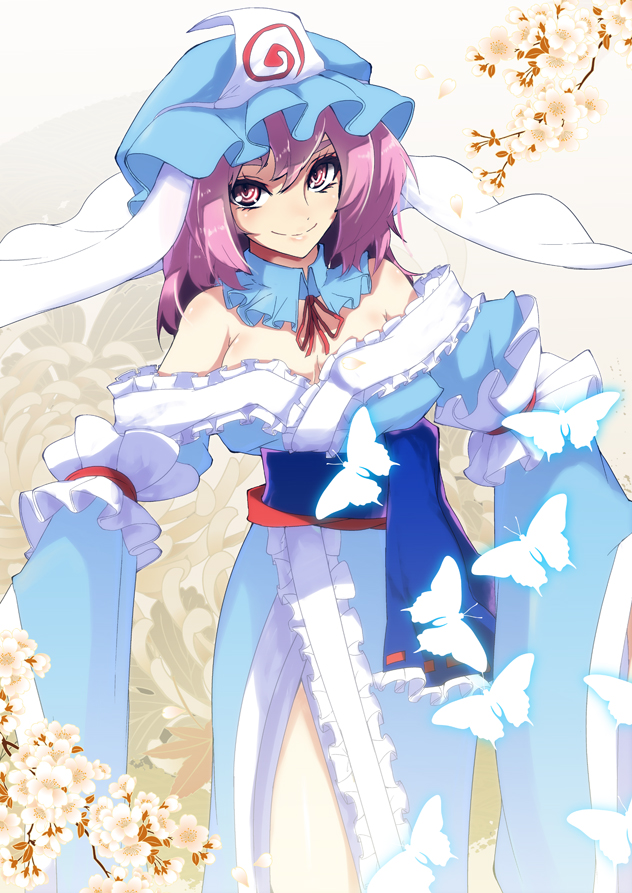 Safebooru - bare shoulders butterfly flower hat japanese clothes kanameya pink eyes pink hair ...