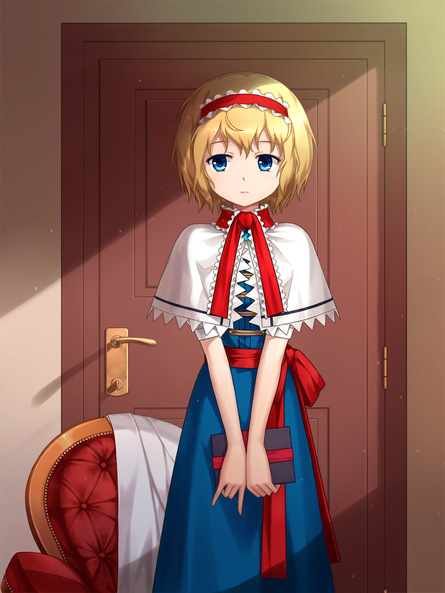 Safebooru - 1girl alice margatroid blonde hair blue dress blue eyes book capelet chair door ...