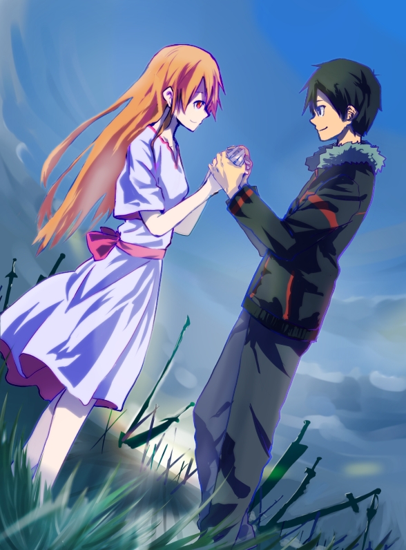 Safebooru - 1boy 1girl asuna (sao) black eyes black hair brown eyes brown hair couple dress hand ...