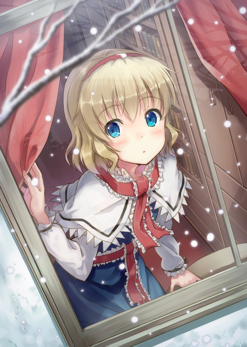 Safebooru - 1girl alice margatroid blonde hair blue eyes blush book bookshelf capelet curtains ...