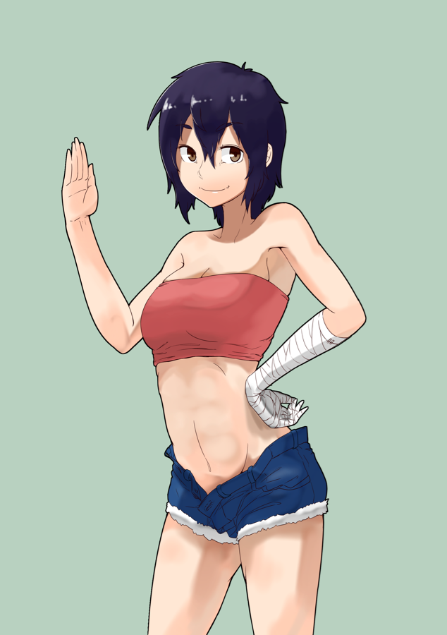 Safebooru - 1girl bandage bandages black hair breasts brown eyes cleavage cutoffs denim denim ...