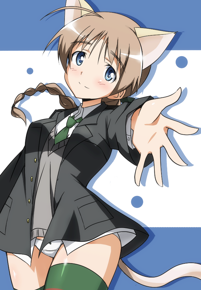 Safebooru - 1girl animal ears blue eyes blush braid brown hair lynette bishop military military ...