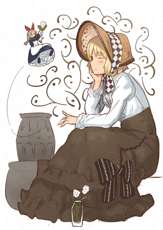 Safebooru - 1girl alice margatroid alternate costume blonde hair blue eyes blush bonnet bottle ...