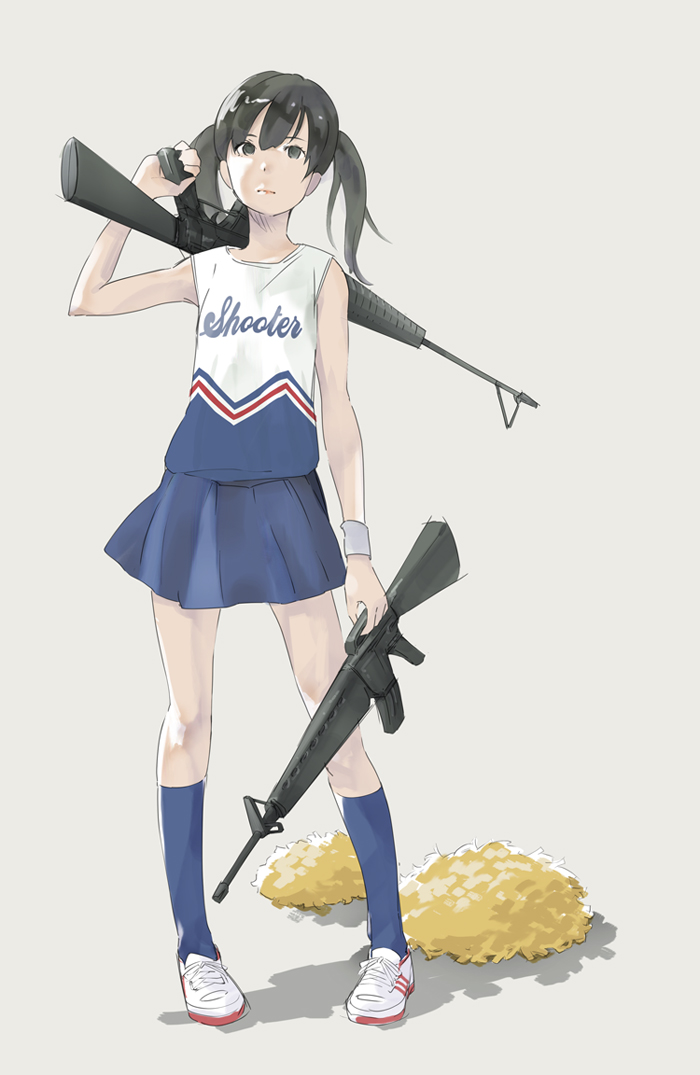 Safebooru - black eyes black hair cheerleader gun kneehighs long hair ...