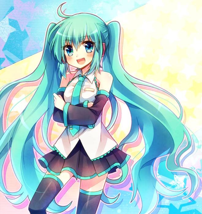Safebooru - 1girl ahoge aqua eyes crossed arms detached sleeves green hair hatsune miku ...