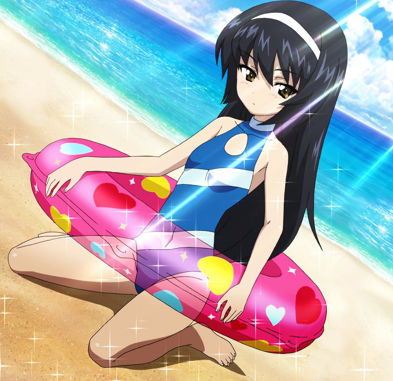 Safebooru - 1girl beach black hair blue swimsuit blush brown eyes clouds dutch angle girls und ...