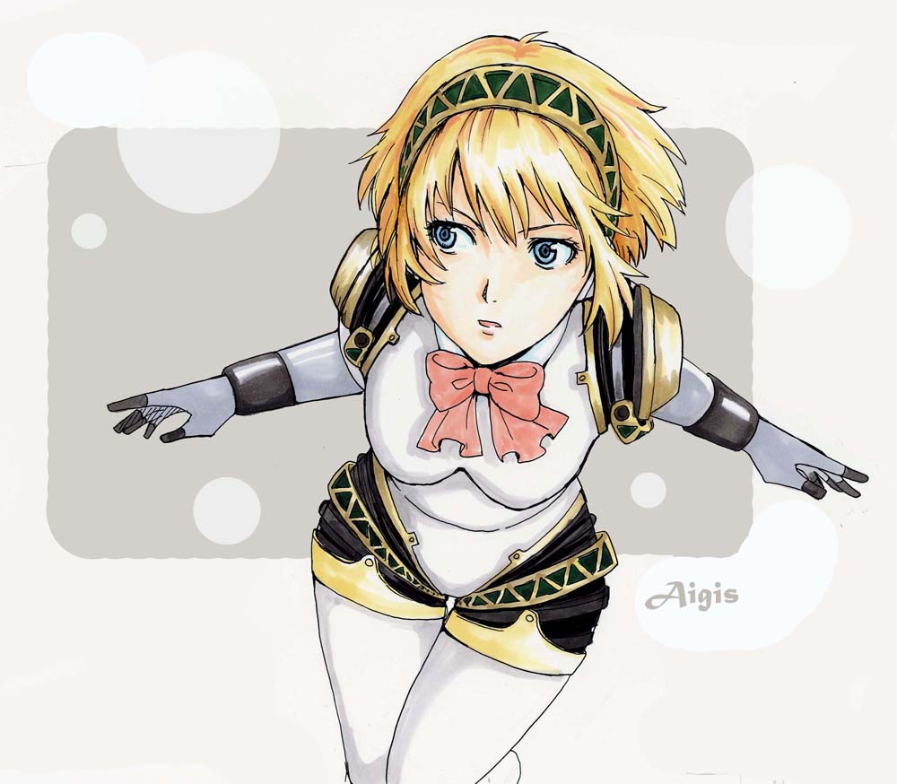 Safebooru - 1girl aegis android blonde hair blue eyes bow faux traditional media persona persona ...