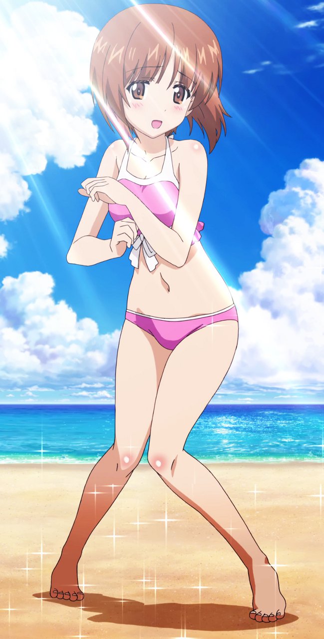 Safebooru - 1girl beach bikini blush brown eyes brown hair clouds girls und panzer looking at ...
