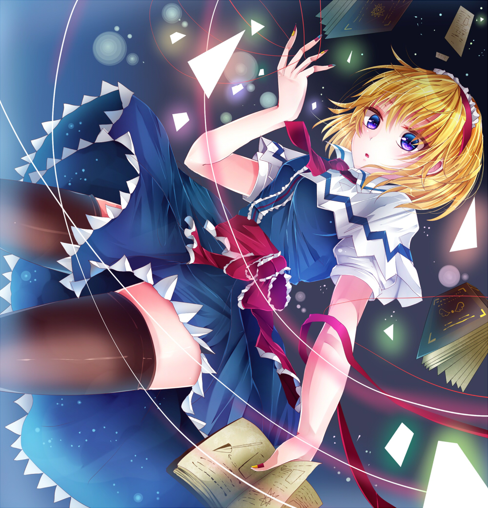 Safebooru - 1girl alice margatroid black legwear blonde hair blue eyes book bow capelet dress ...