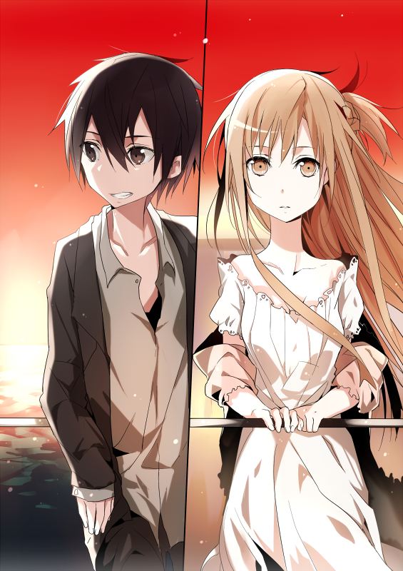 Safebooru - 1boy 1girl asuna (sao) black eyes black hair brown eyes brown hair dress formal ...