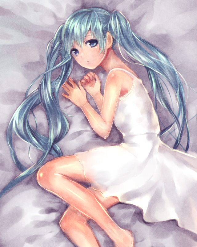 Safebooru - 1girl aqua hair blue eyes dress hatsune miku long hair looking at viewer lying solo ...
