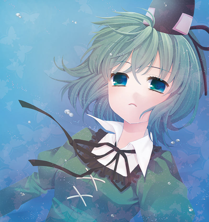 Safebooru - 1girl butterfly dress green dress green eyes green hair hat light smile long sleeves ...
