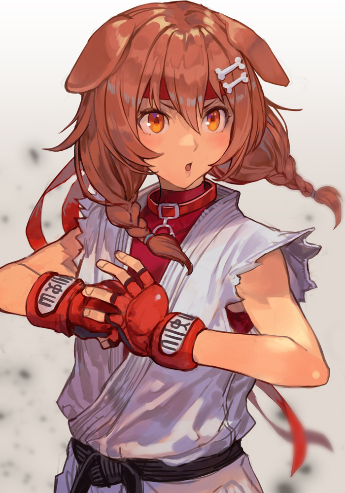 Safebooru - 1girl animal collar animal ears belt black belt blush bone hair ornament braid brown ...