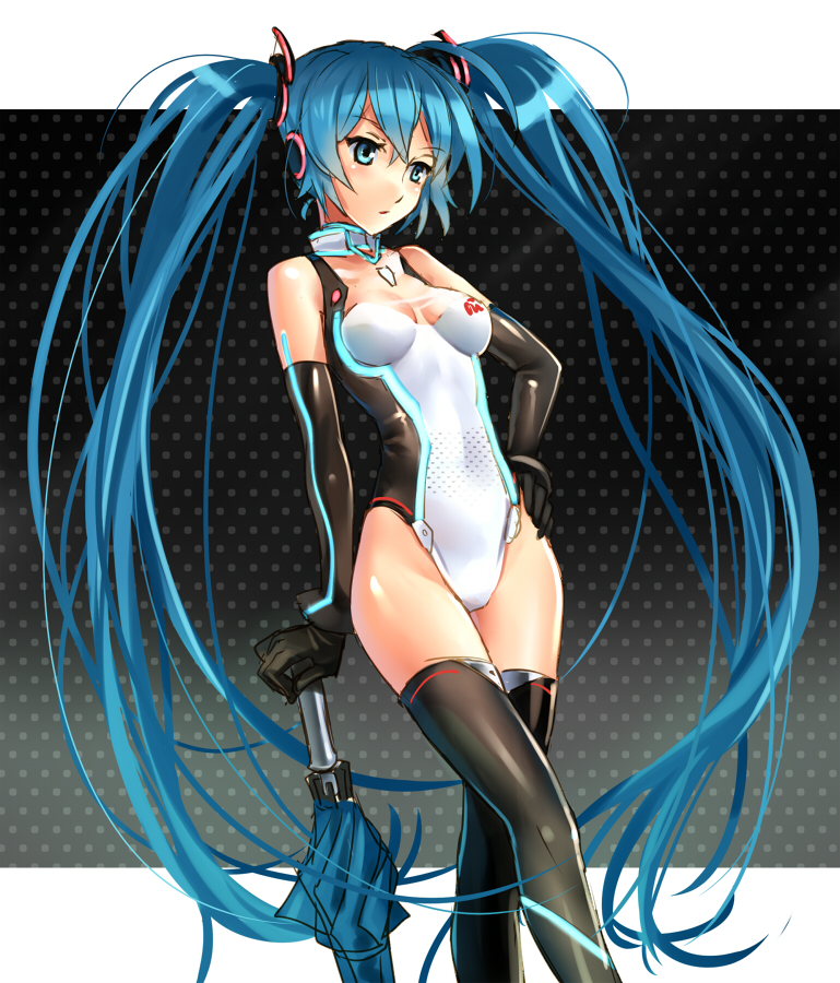 Safebooru - 1girl aqua eyes aqua hair arm support bare shoulders black gloves black legwear ...