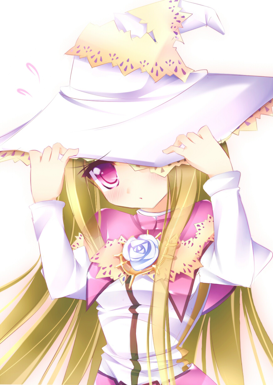 Safebooru - 1girl blonde hair blush dress flower hat red eyes rosary ...