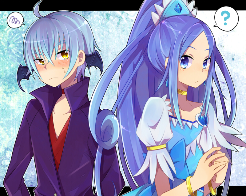 Safebooru - 1boy 1girl ahoge bat wings black border blue eyes blue hair blush bracelet choker ...