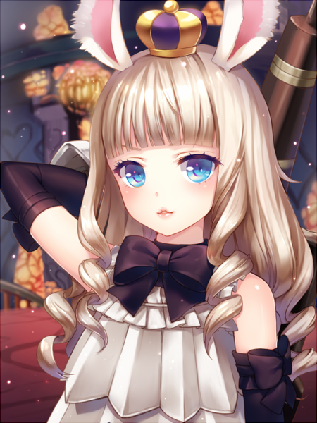 Safebooru - 1girl animal ears bare shoulders blonde hair blue eyes blush bust elbow gloves elin ...