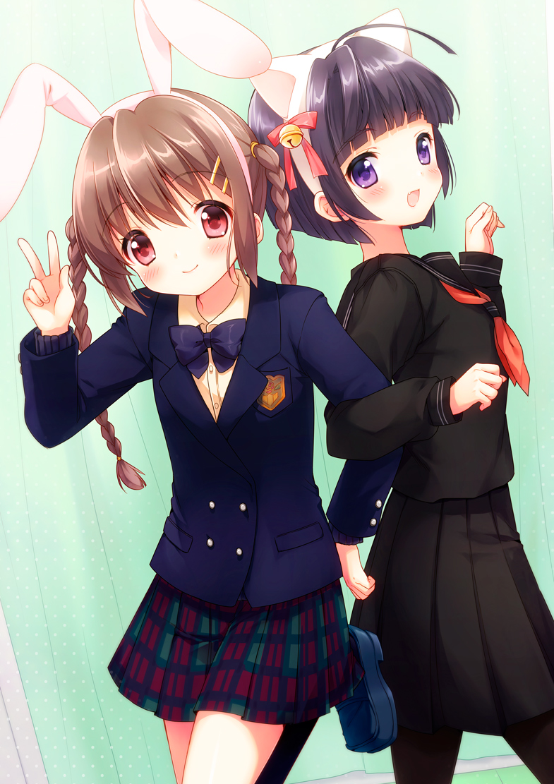 Safebooru - animal ears bell black hair blazer blush bow braid brown hair cat ears hair ornament ...