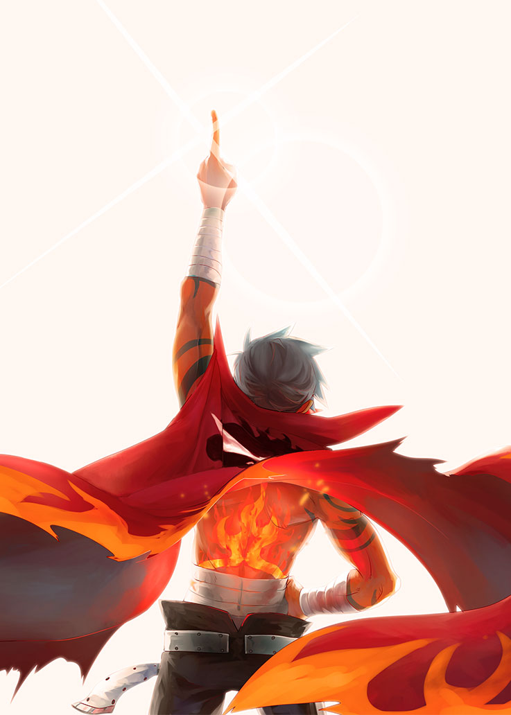 Safebooru - 1boy cape from behind kamina lens flare male pointing ...