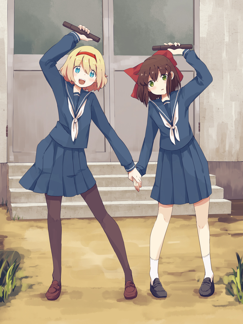 Safebooru - 2girls :d alice margatroid alternate costume arm up black legwear blonde hair blue ...