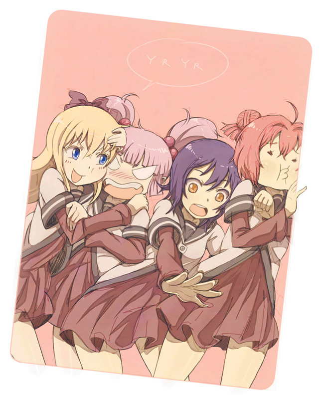 Safebooru - 4girls :d ahoge akaza akari angry blonde hair blue eyes bow brown eyes double bun ...