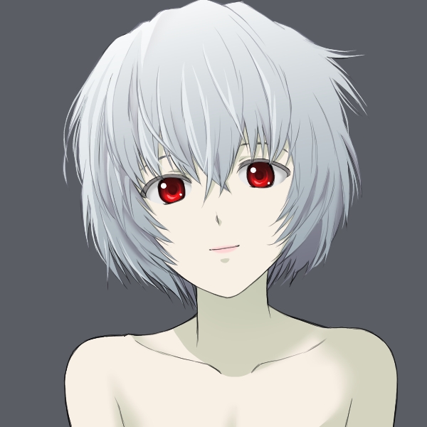 Safebooru - 1girl ayanami rei bare shoulders grey background grey hair kikumaru bunta light ...