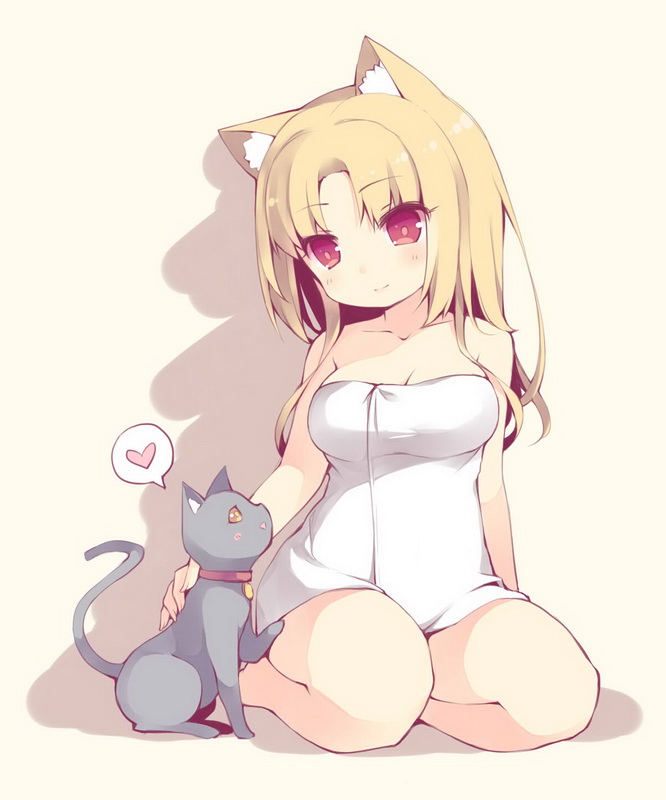 Safebooru - 1girl animal ears bare shoulders barefoot blonde hair blush breasts cat cat ears ...